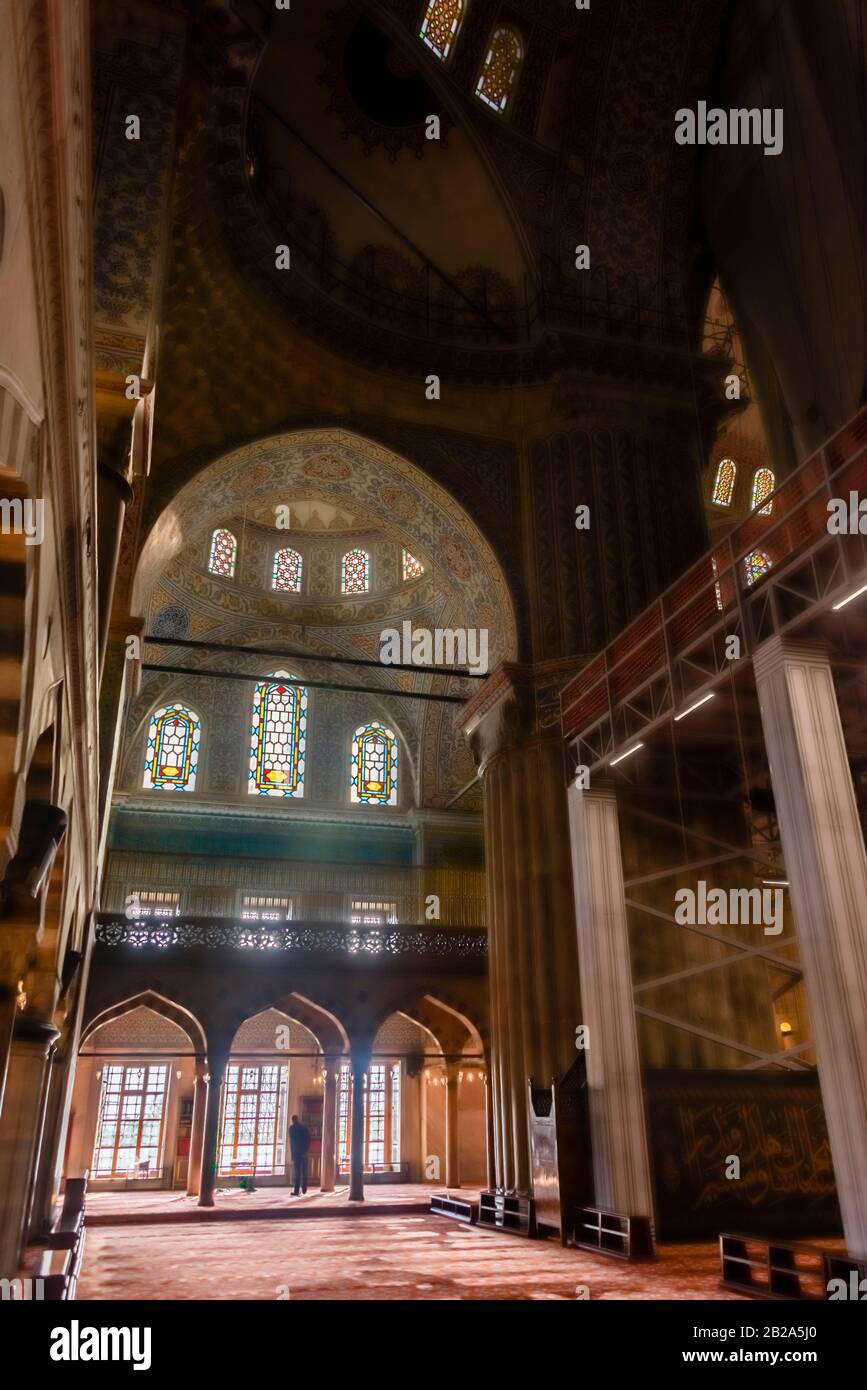 Ornate ceramic tiles on the walls and dome inside the Blue Mosque ...