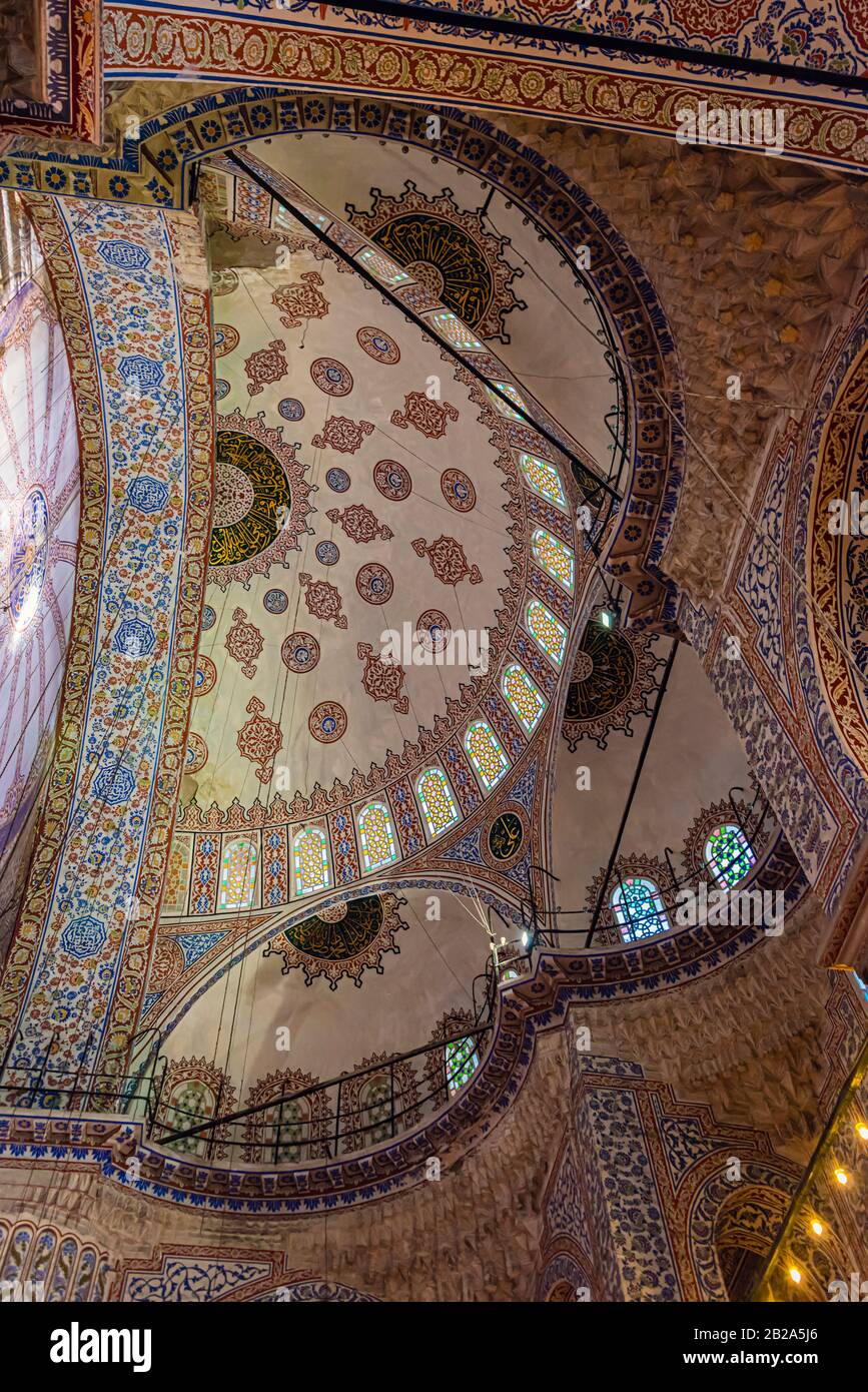 Ornate ceramic tiles on the walls and dome inside the Blue Mosque ...
