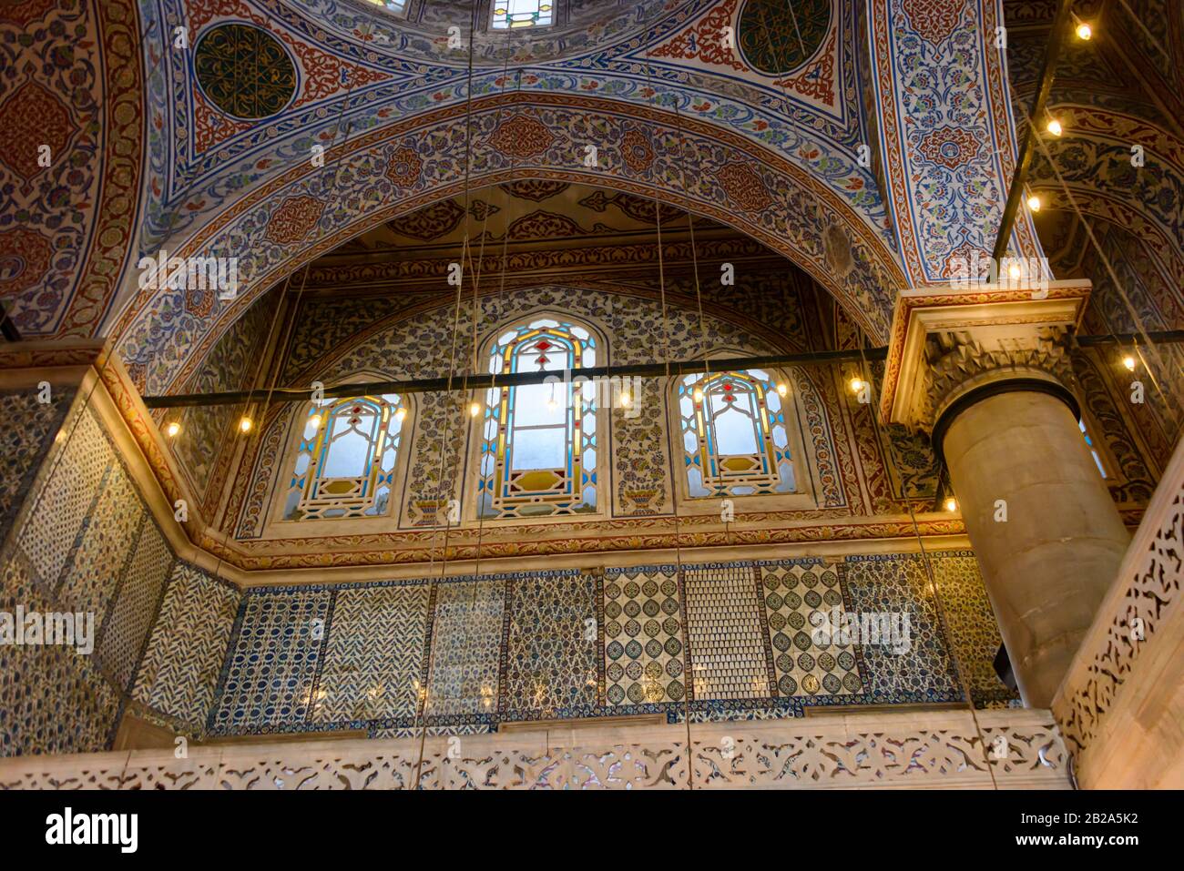 Ornate ceramic tiles on the walls and dome inside the Blue Mosque ...