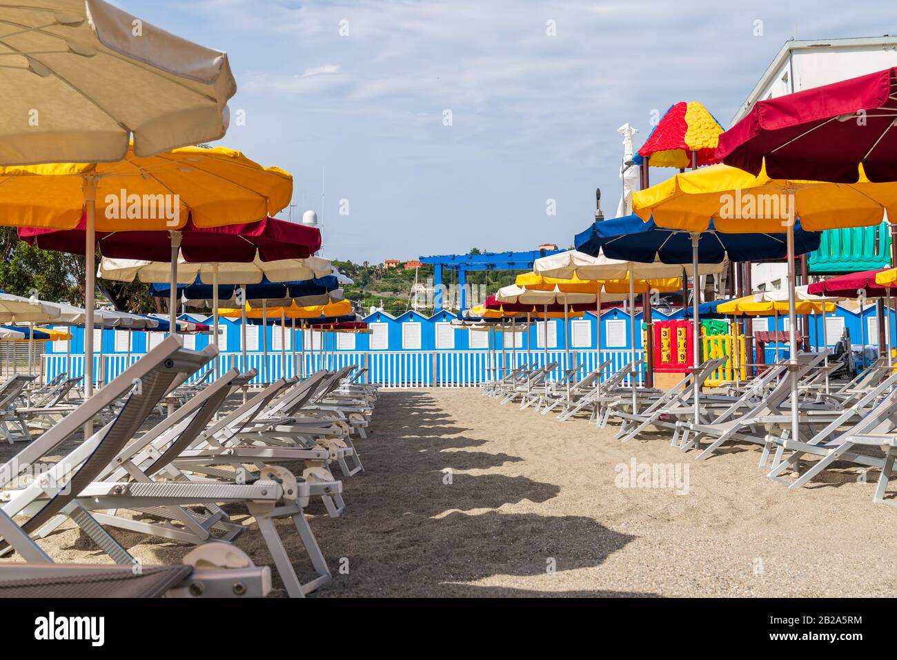 view of Varazze beach and its typical colored sun umbrellas, the ...