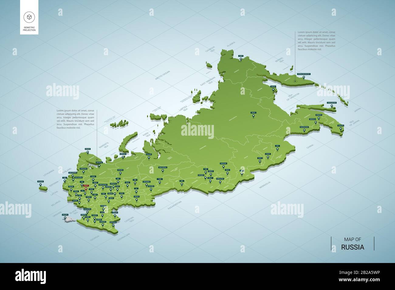 Stylized map of Russia. Isometric 3D green map with cities, borders ...