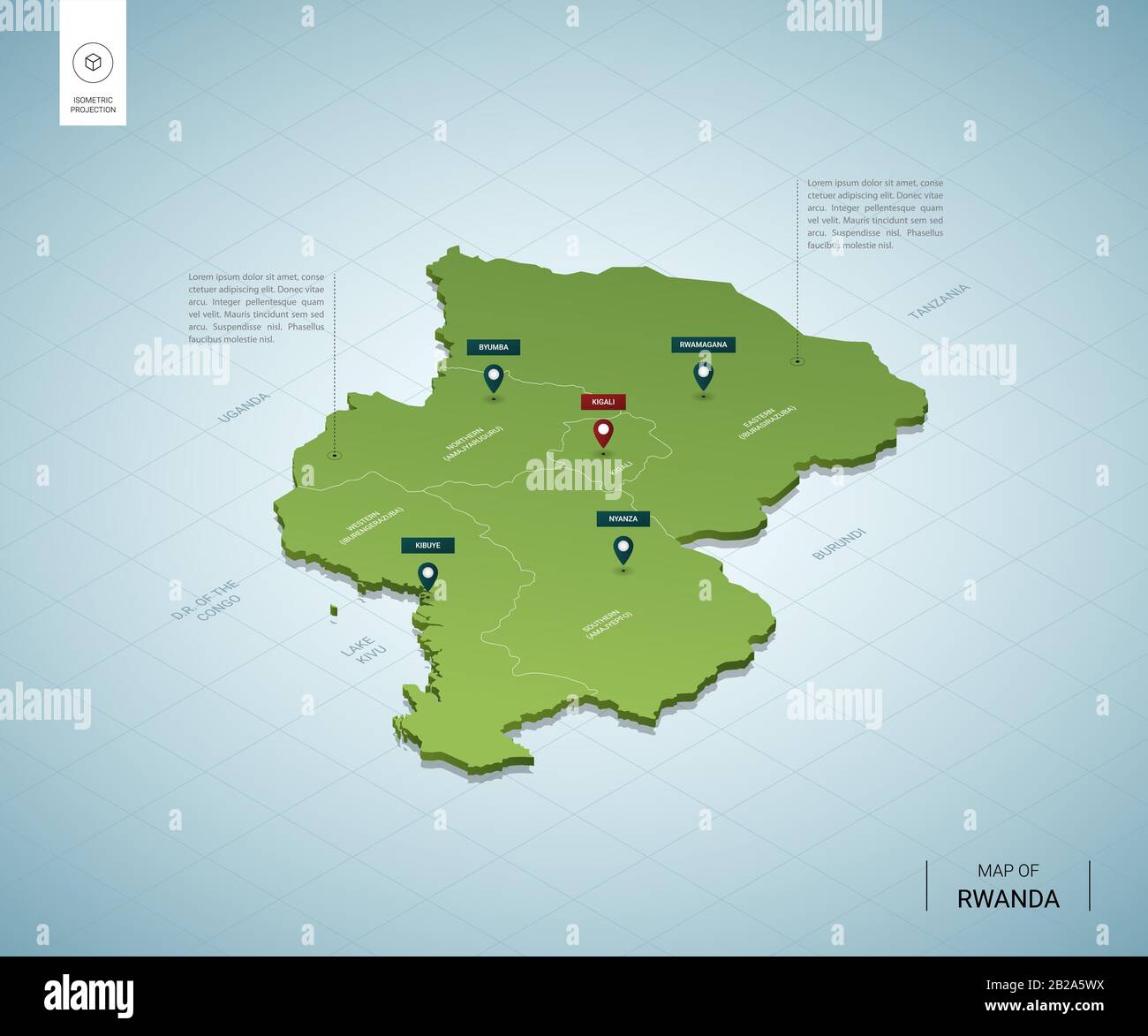Stylized map of Rwanda. Isometric 3D green map with cities, borders ...