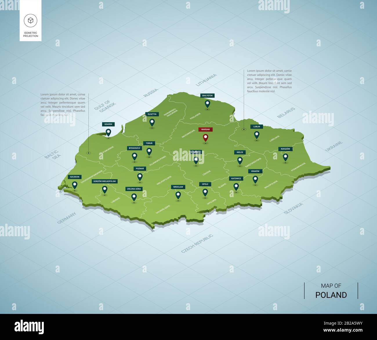 Stylized map of Poland. Isometric 3D green map with cities, borders ...