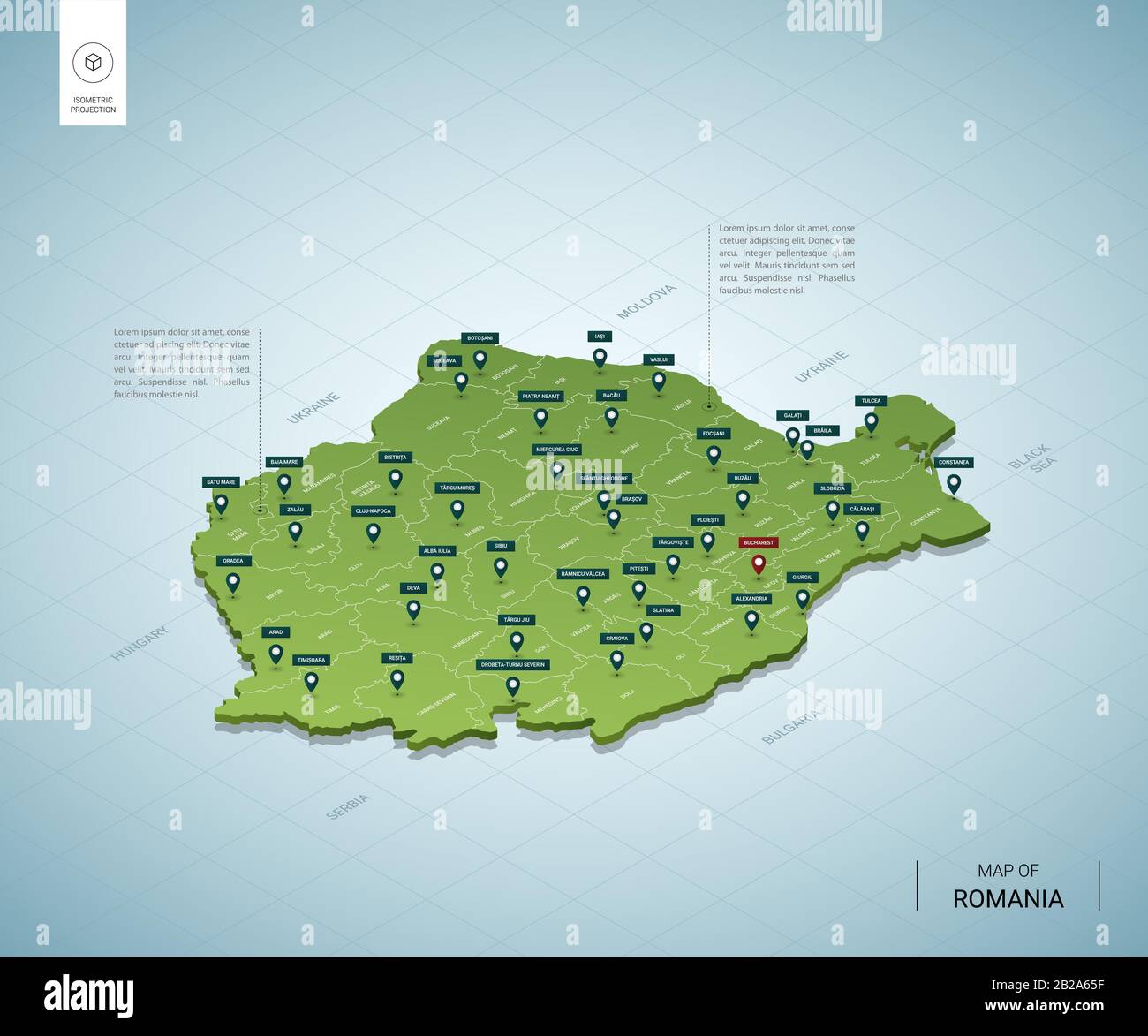 Stylized map of Romania. Isometric 3D green map with cities, borders ...