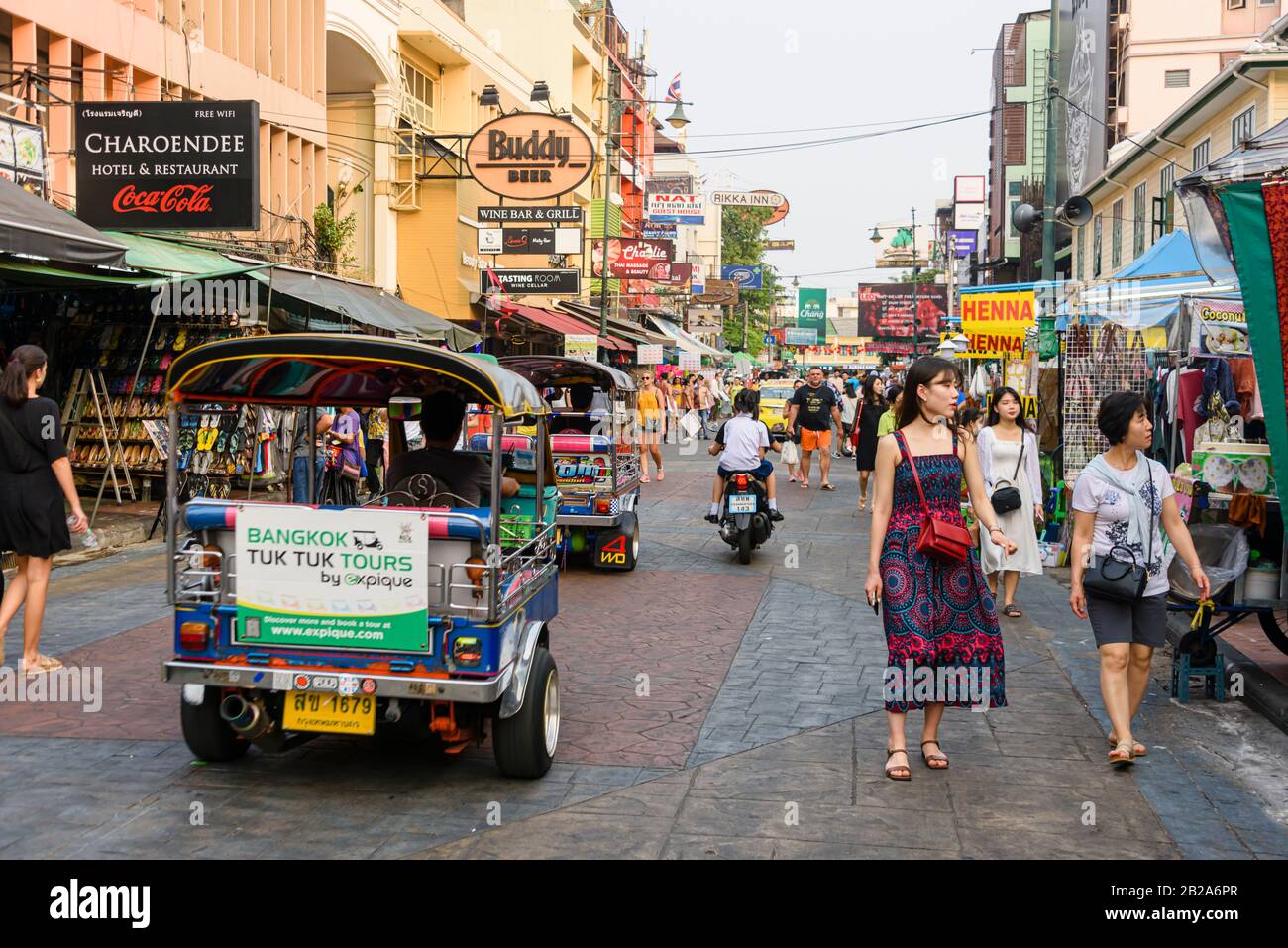 Tuk Tuks at Khaosan Road, a famous walking street with bars and night clubs, in Bangkok ...