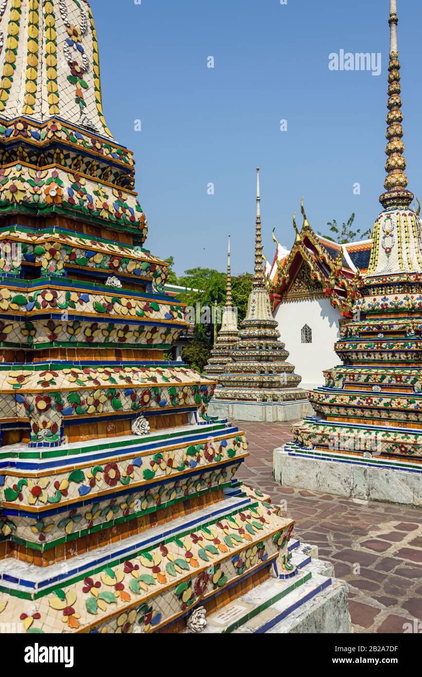 Ornate stupa with colourful ceramic tiles, Wat Pho, Bangkok, Thailand ...