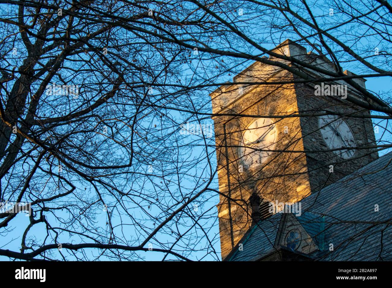 A Clock Tower on a Cobblestone Tower in a Blue Sky With Trees in the ...