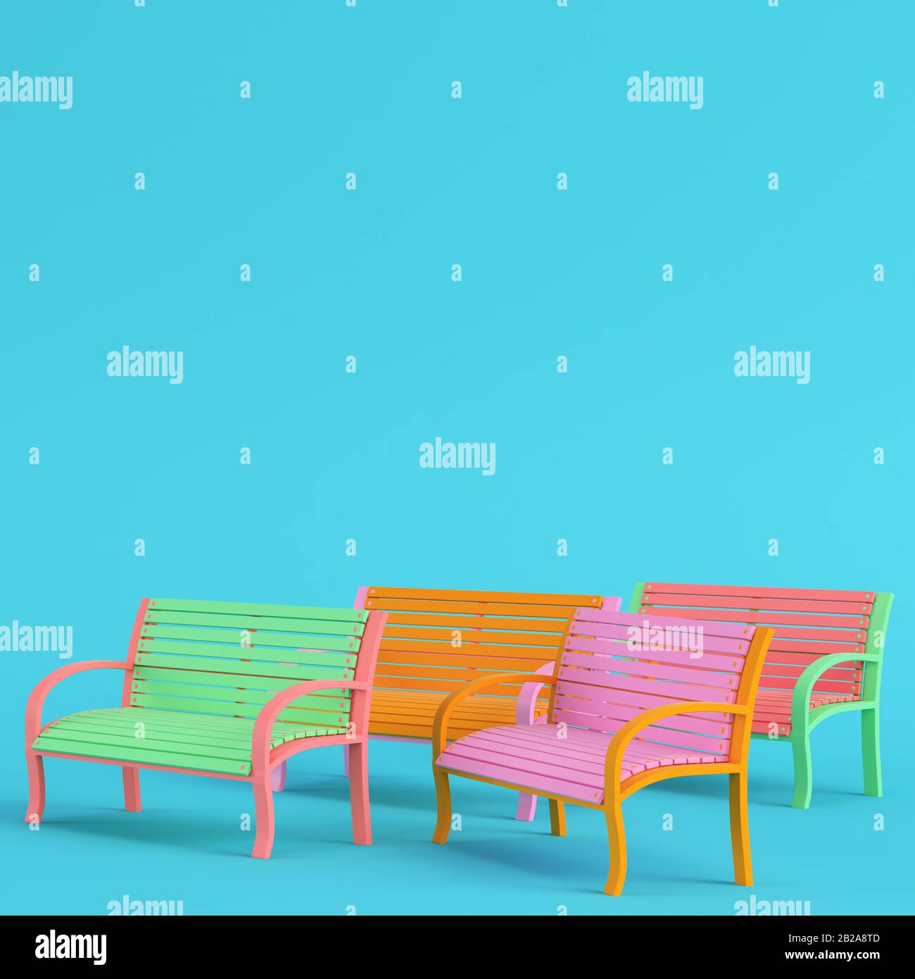Four colorful street benchs on bright blue background in pastel colors ...