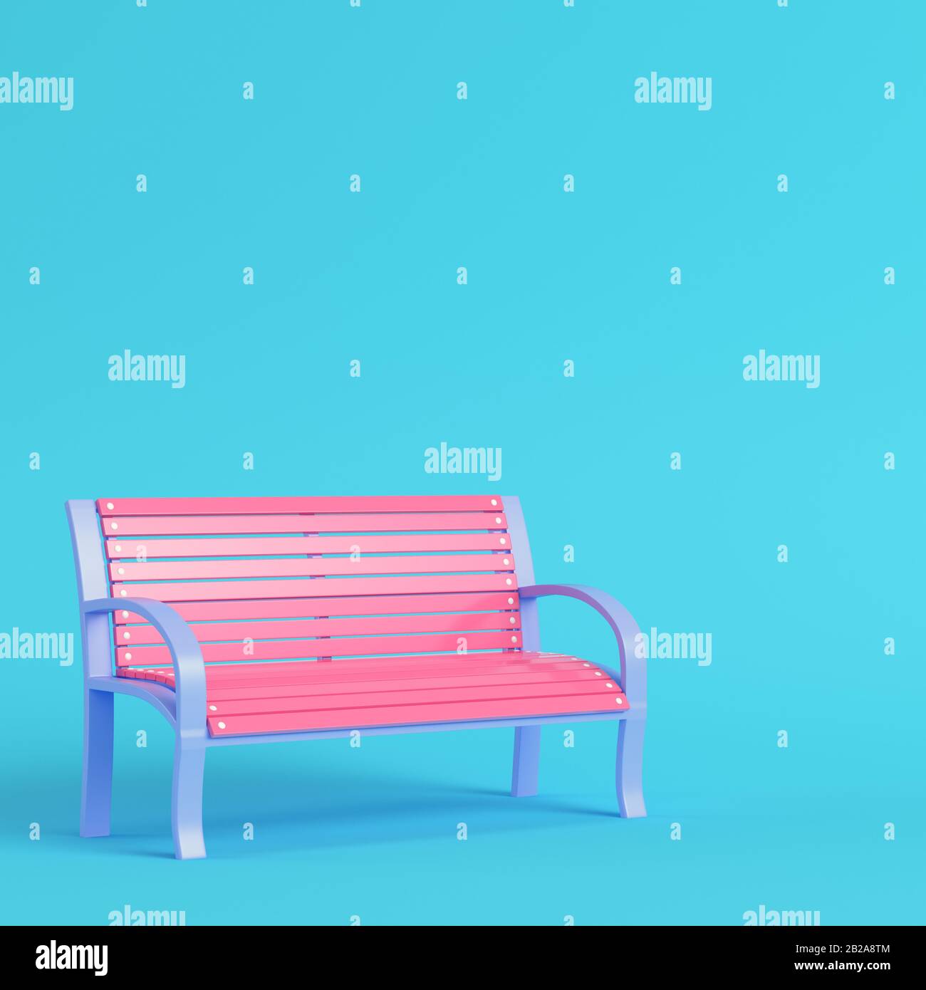 Pink street bench on bright blue background in pastel colors ...