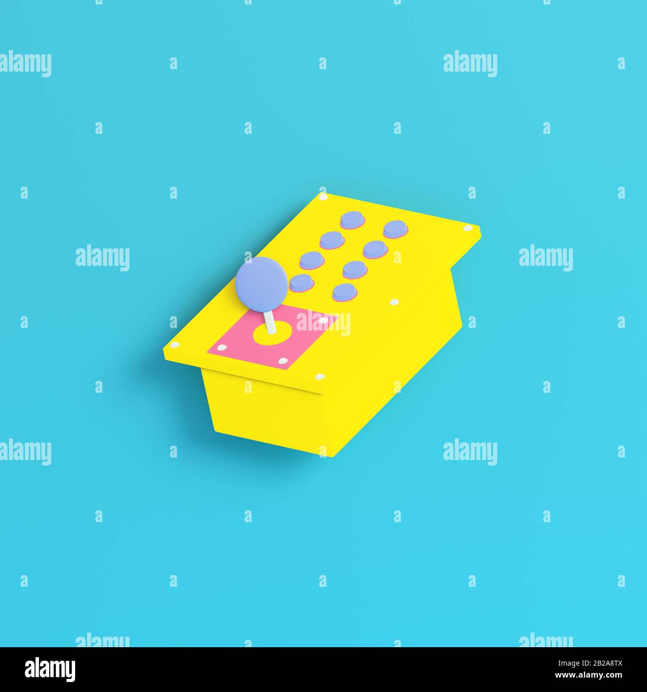 Yellow retro arcade game controller on bright blue background in pastel ...