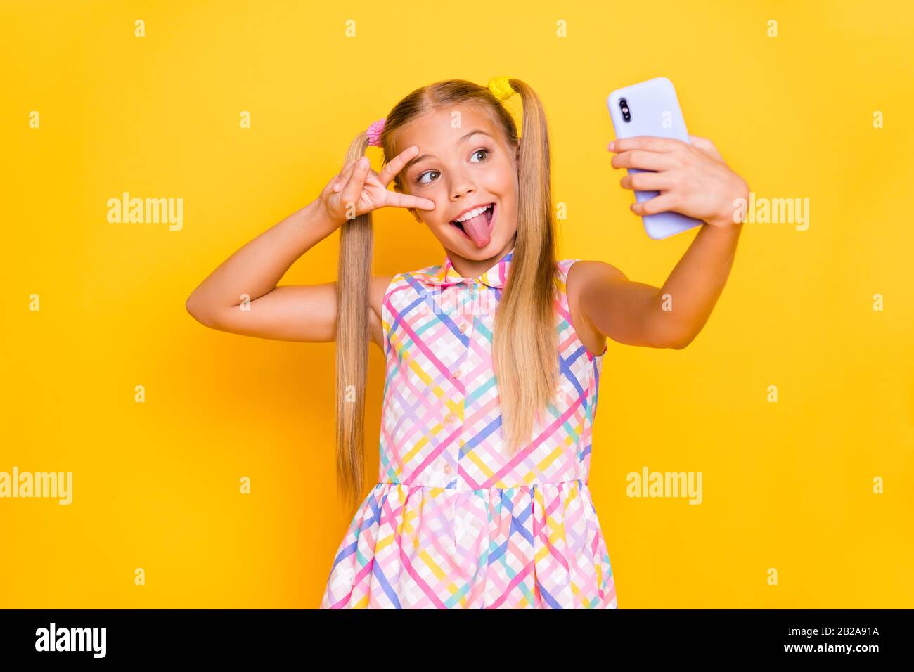 Photo Of Pretty Small Lady Hold Telephone Influencer Make Selfies Blog