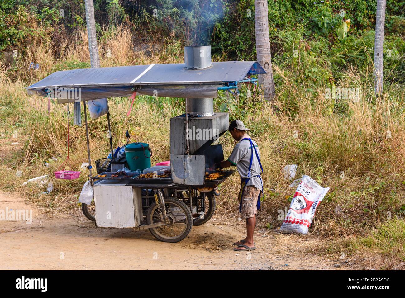 A man cooks chicken skewers on a mobile street food barbeque mounted on ...