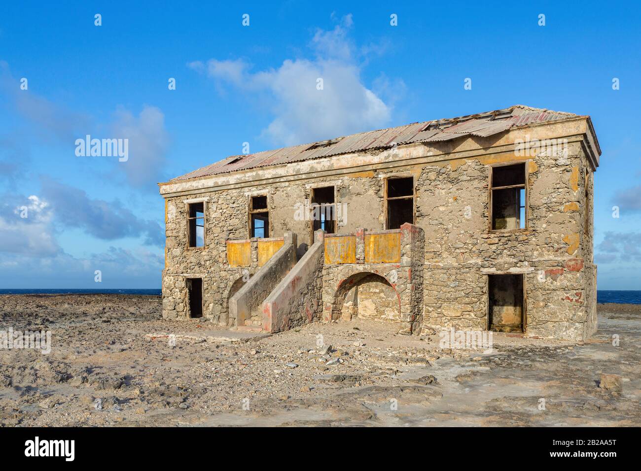 Old historic hotel building as ruin at coast of island Bonaire Stock ...