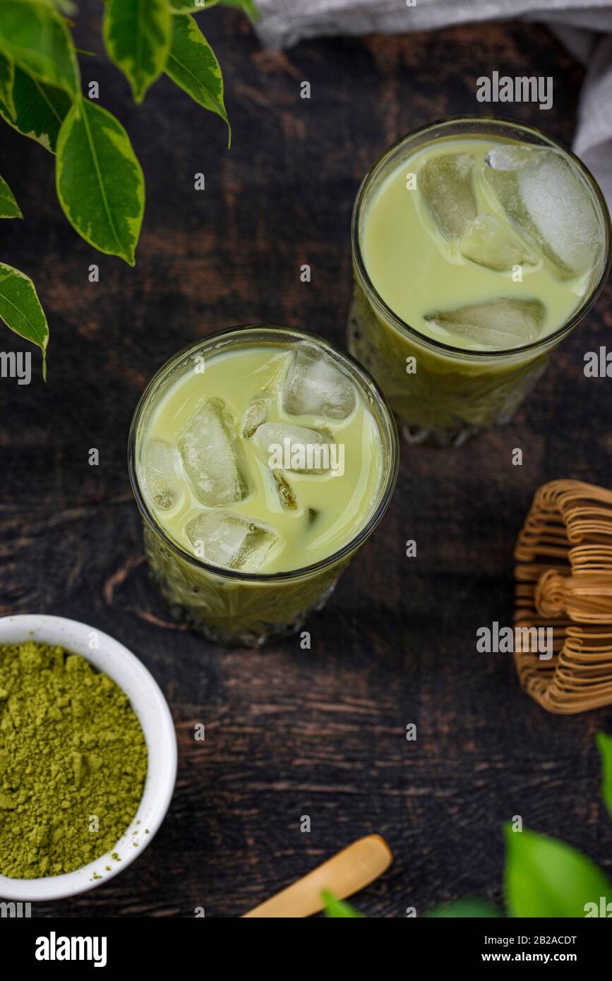 Cold matcha tea with milk and ice Stock Photo - Alamy
