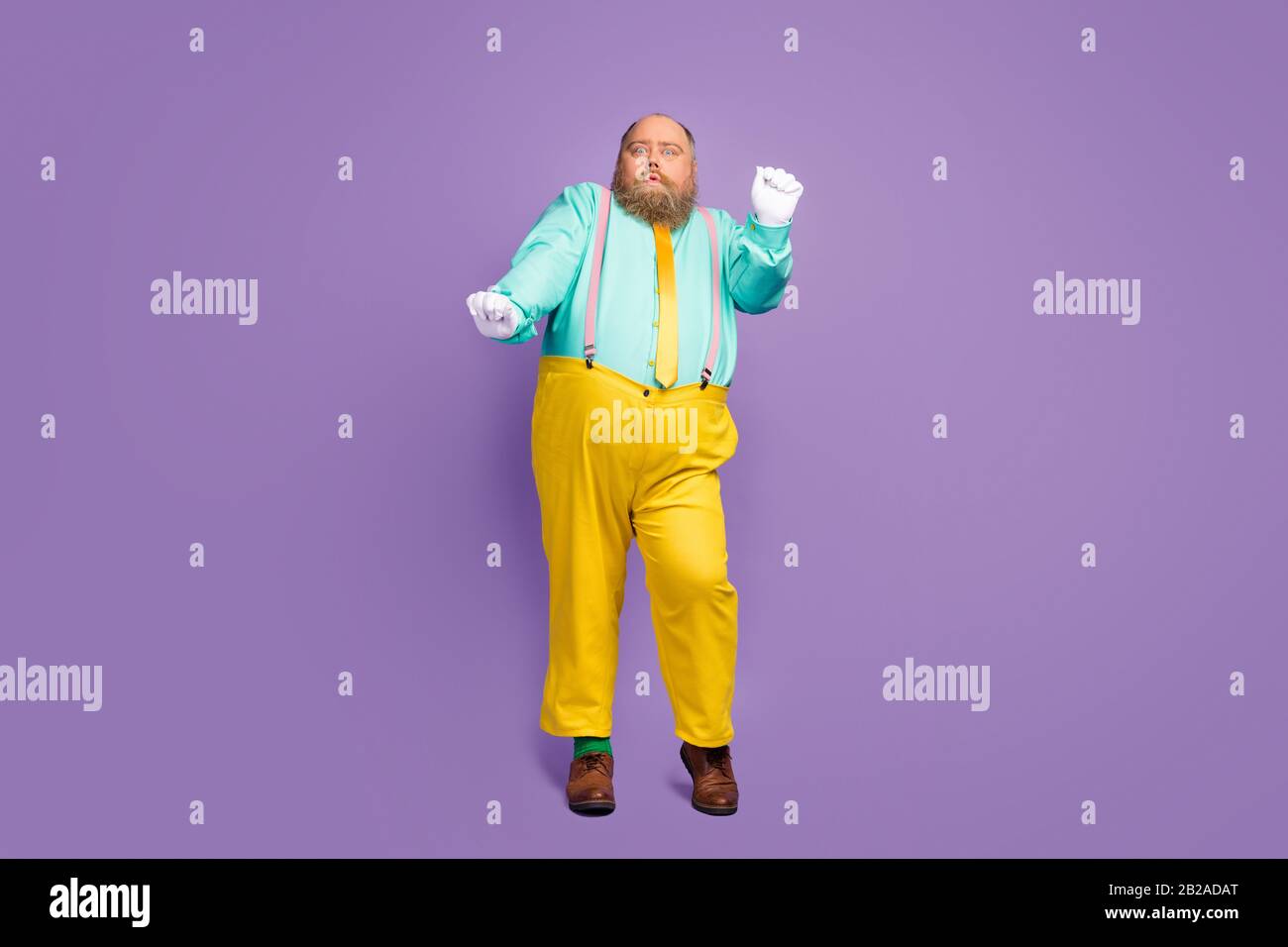 Full size photo of crazy funky fat man dance in night club enjoy party ...