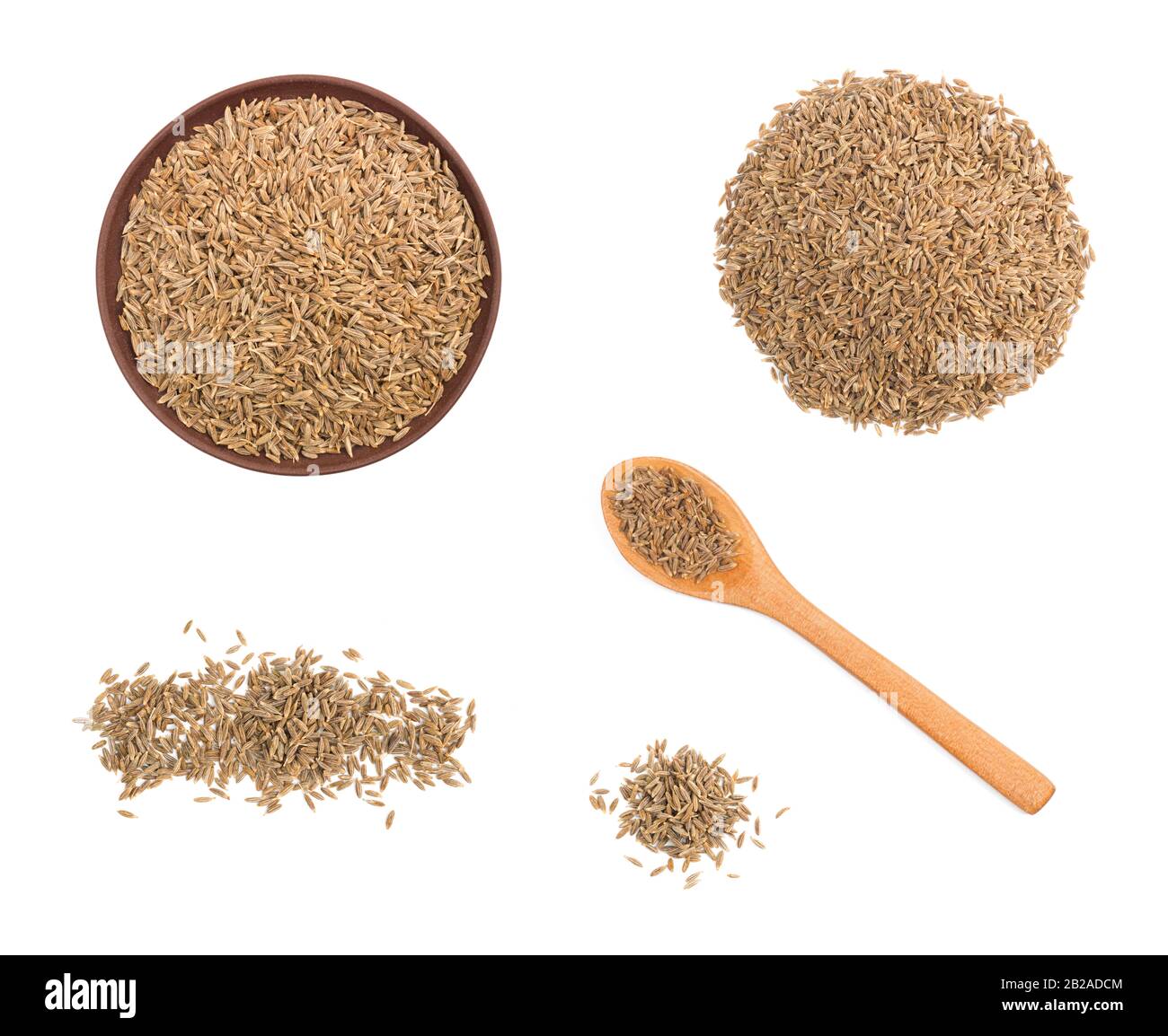 Set of spice cumin (jeera) isolated on white background in wooden spoon ...