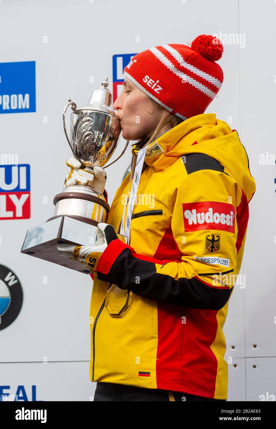 German skeleton racer Tina Hermann celebrates her win during the IBSF ...
