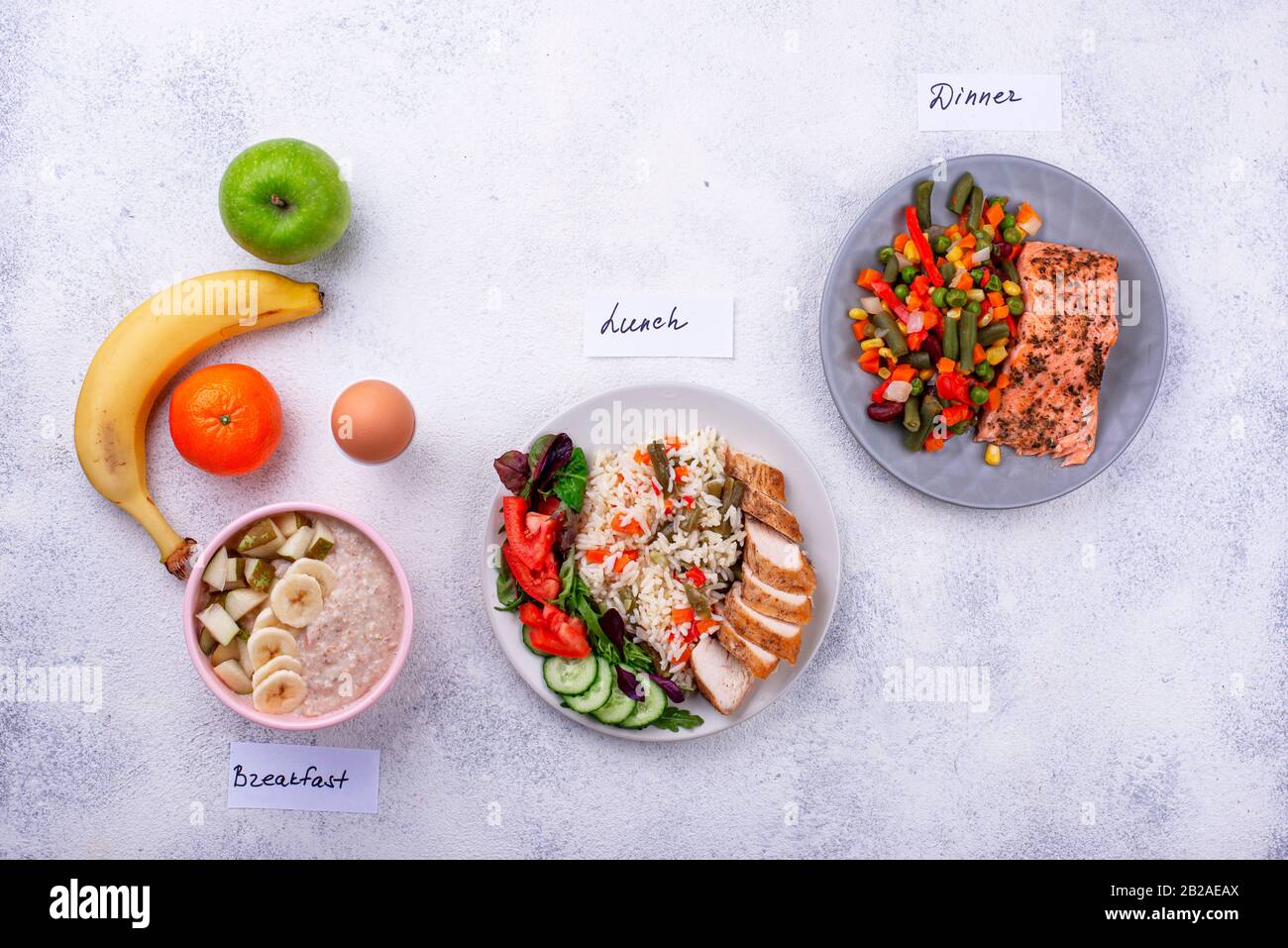 Breakfast, lunch and dinner. Day menu Stock Photo - Alamy