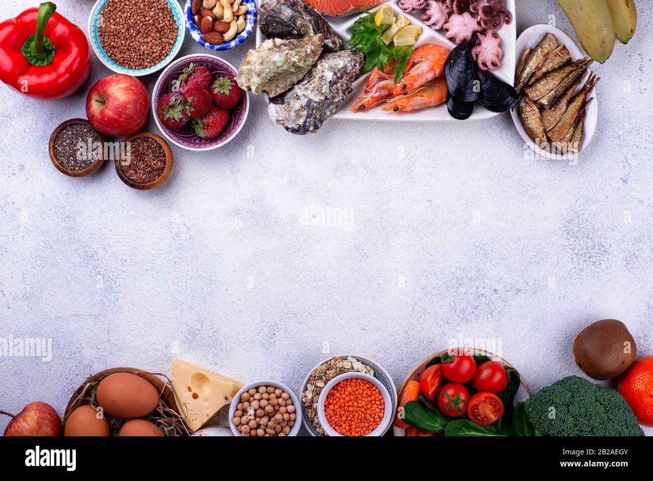 Pescetarian diet with seafood, fruit and vegetables Stock Photo - Alamy