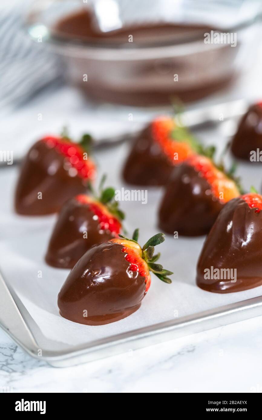 Making white and dark chocolate dipped strawberries Stock Photo - Alamy