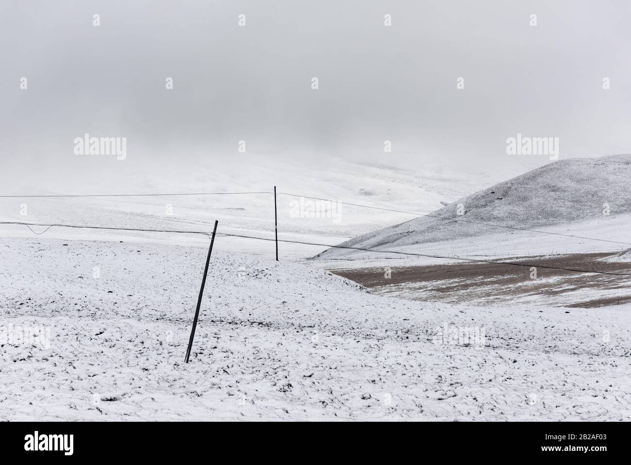 telegraph pole, electric wire and mountain which covered with snow ...