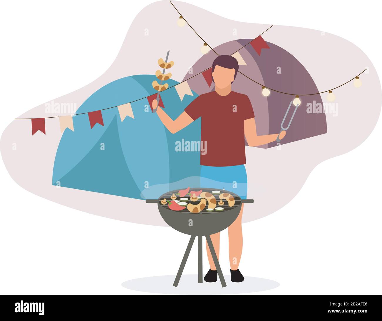 Summer camp barbeque flat vector illustration. Hiker, camper frying ...