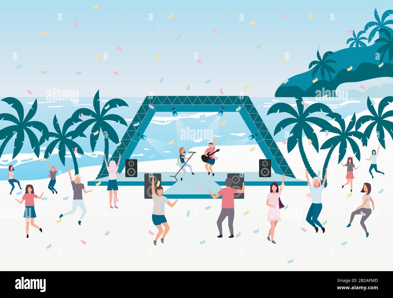 Beach party flat vector illustration. Open air live performance. Rock ...