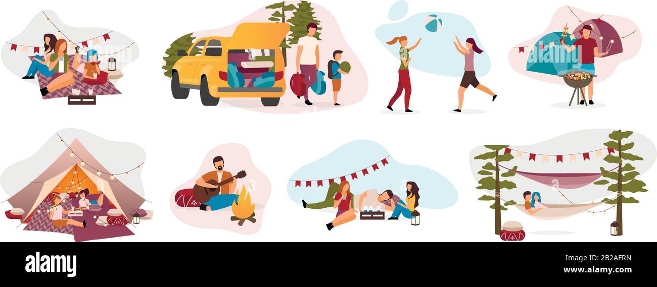 Summer camp visitors flat vector illustrations set. Holidaymakers ...
