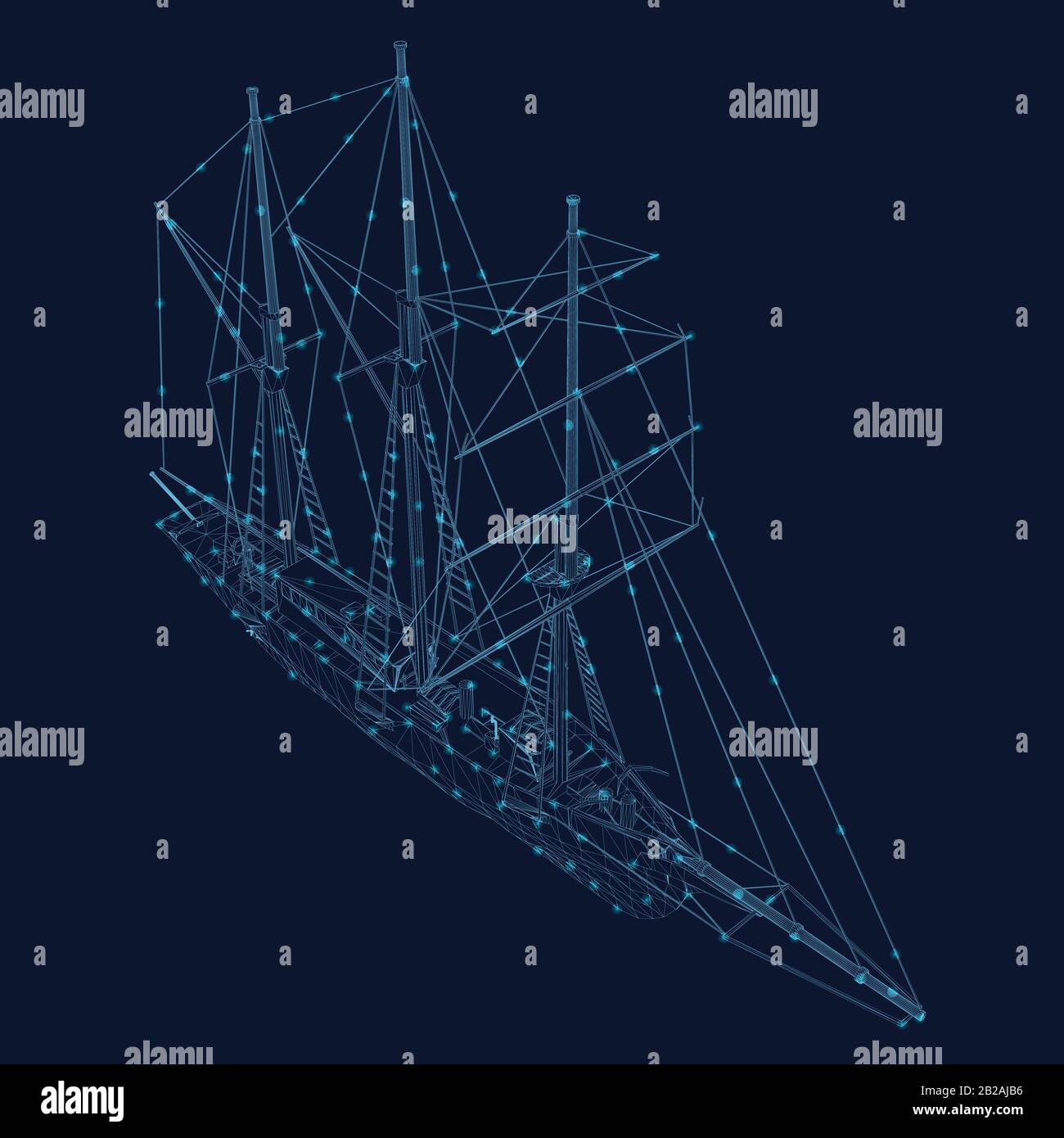 Wireframe of a sailing ship of blue lines with luminous lights on a ...