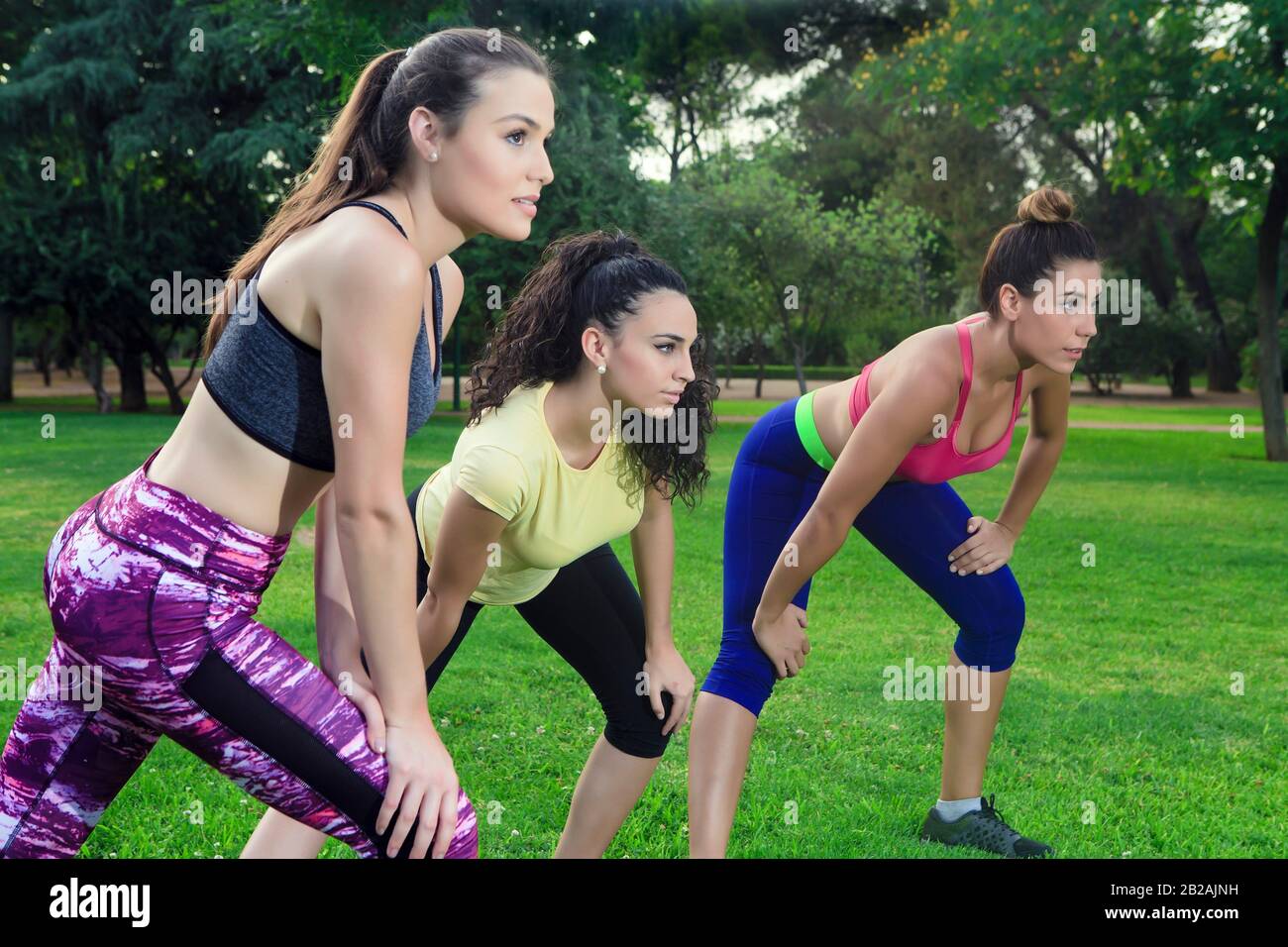 Young female athletes stretching before running in park Stock Photo - Alamy