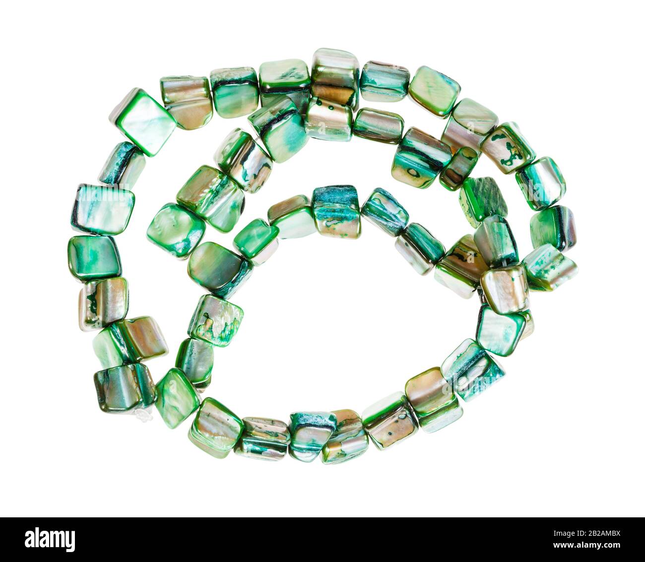 top view of tangled string of beads from green colored pieces of ...