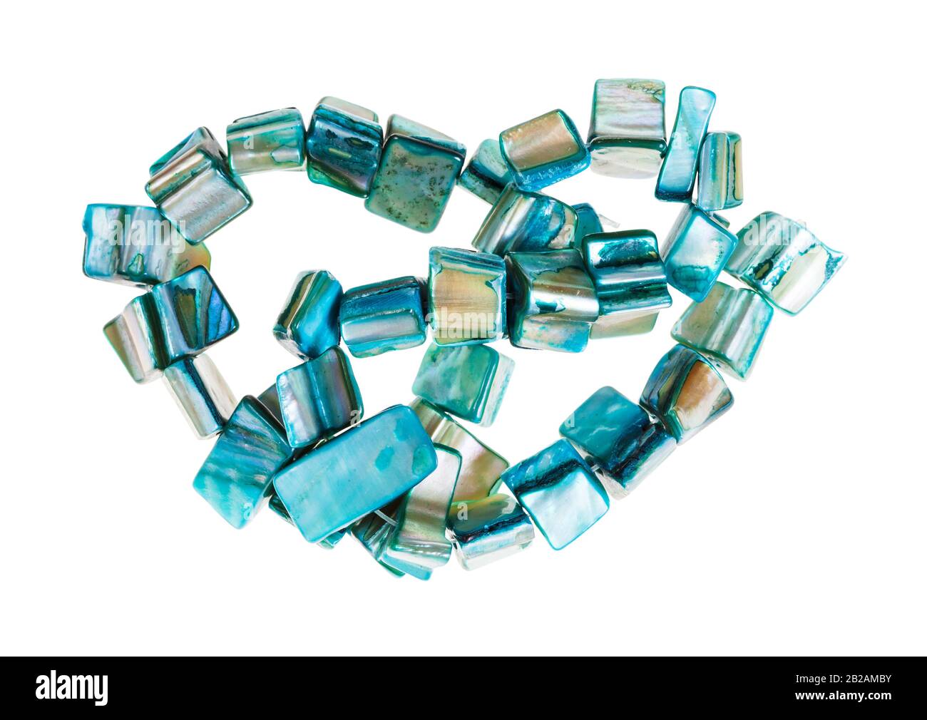 top view of tangled string of beads from blue colored pieces of abalone ...