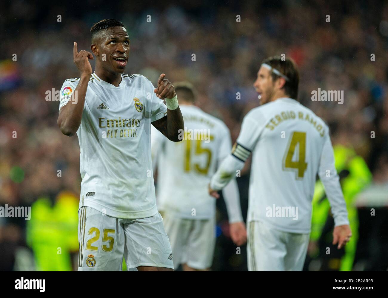 Vinicius Jr of Real Madrid celebrates a goal during the Spanish La Liga ...