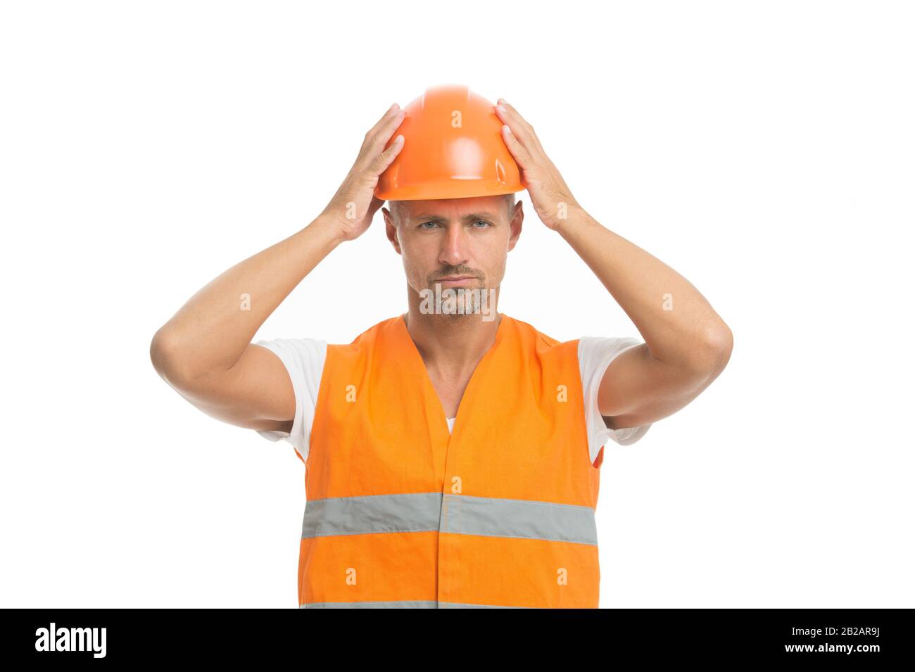 repairing and construction. man in orange helmet. engineer wear hardhat ...