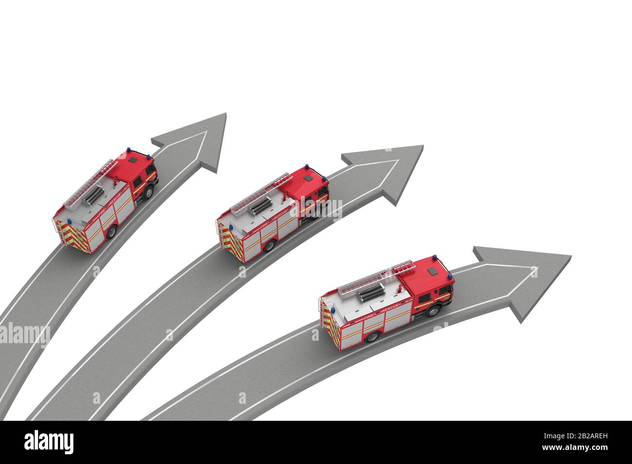 three fire engine go in different directions isolated on white above ...