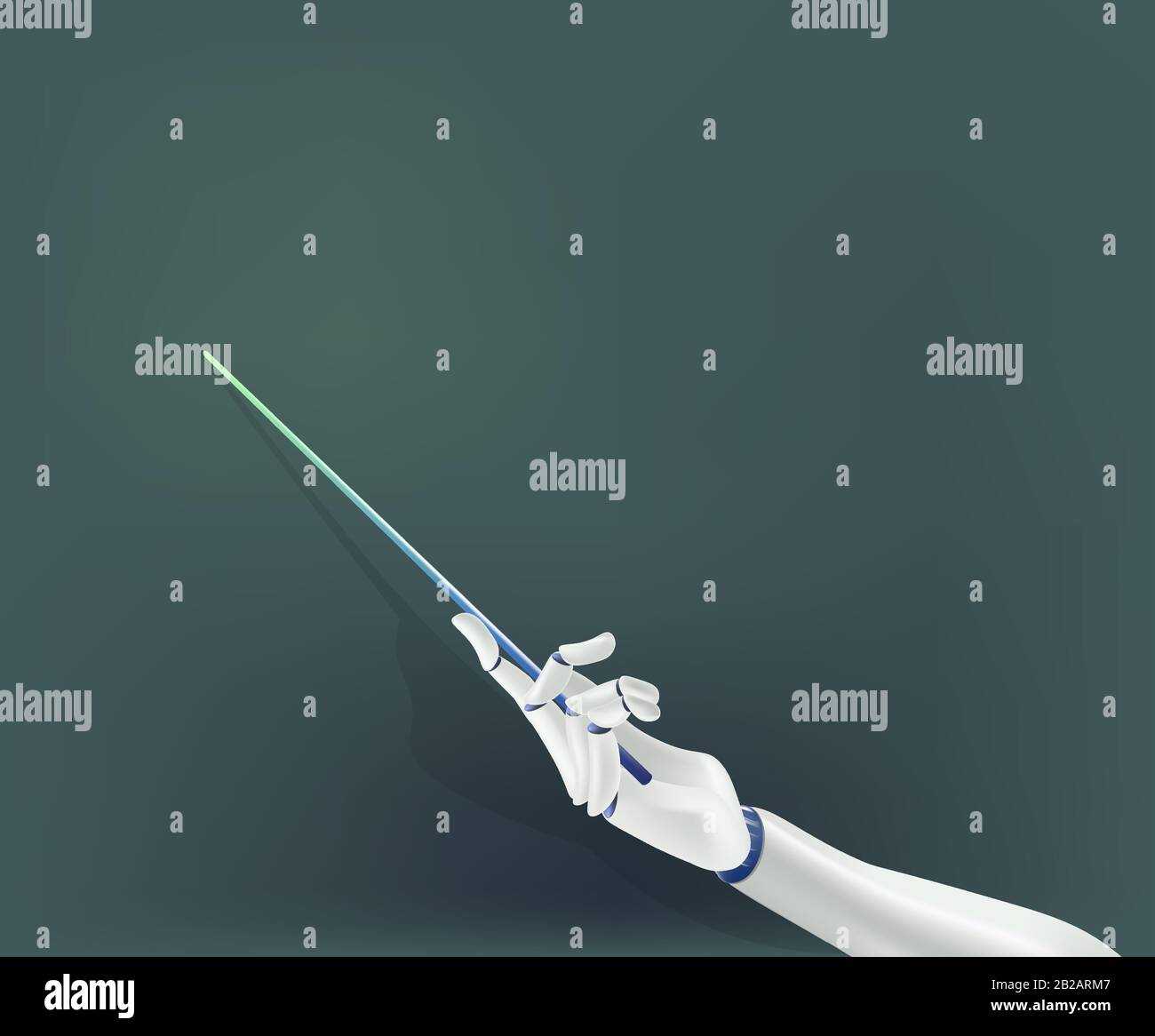Robot hand shows a pointer in the board. Cyborg teacher holding pointer ...