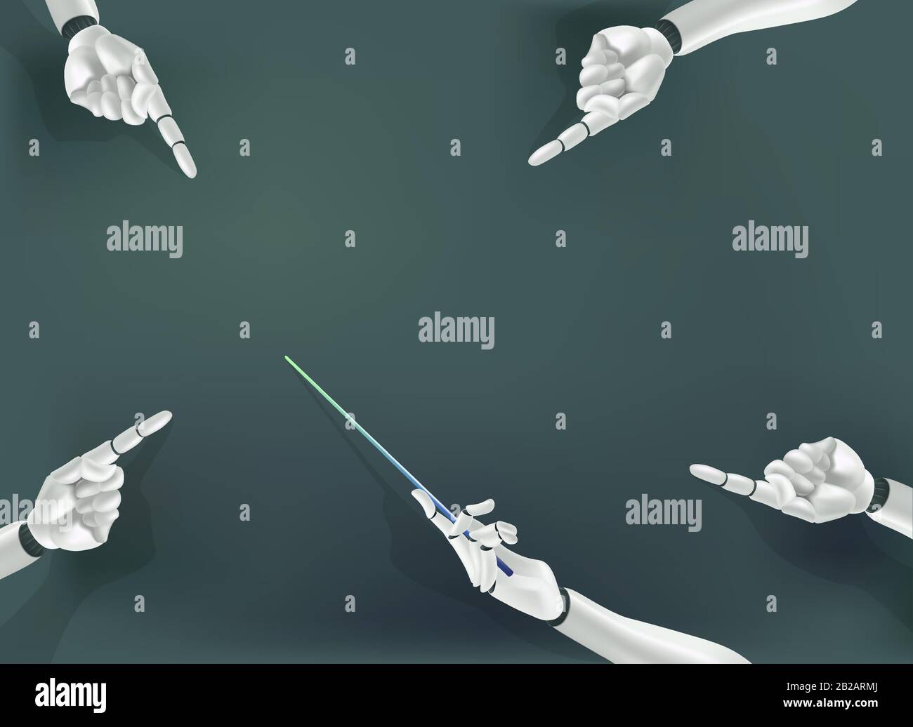 Robot meeting illustration. Robot hand shows a pointer in the board ...