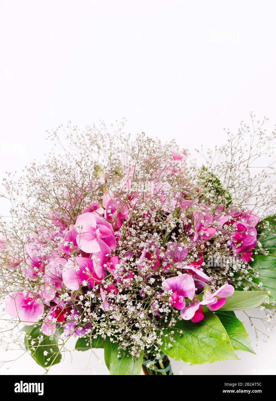 Spring airy bouquet of purple flowers sweet peas and gypsophila Stock ...