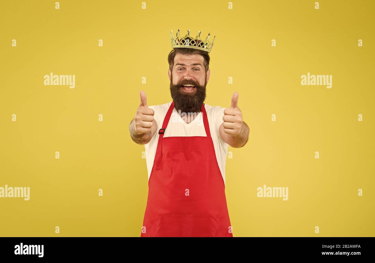 Kingdom of tastes. Cook food. Cook with beard and mustache yellow ...
