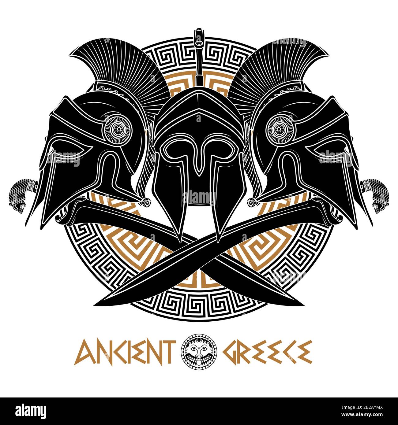 Ancient Hellenic helmet, two crossed ancient Greek swords and greek ...