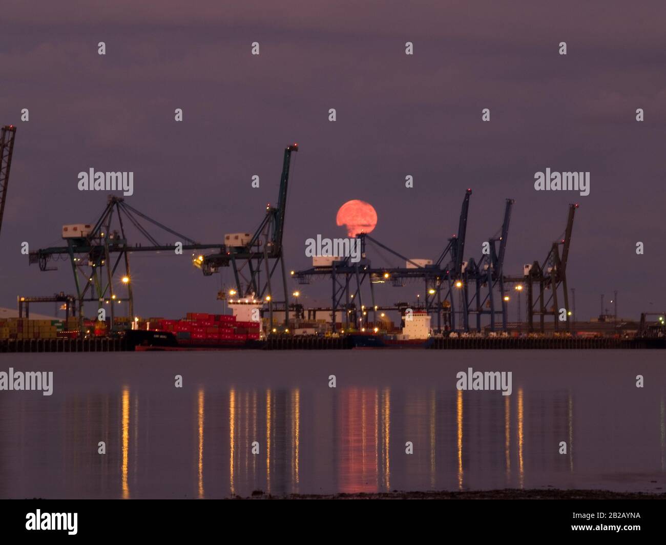 Containers Ships being loaded and unloaded at night under a big moon at ...