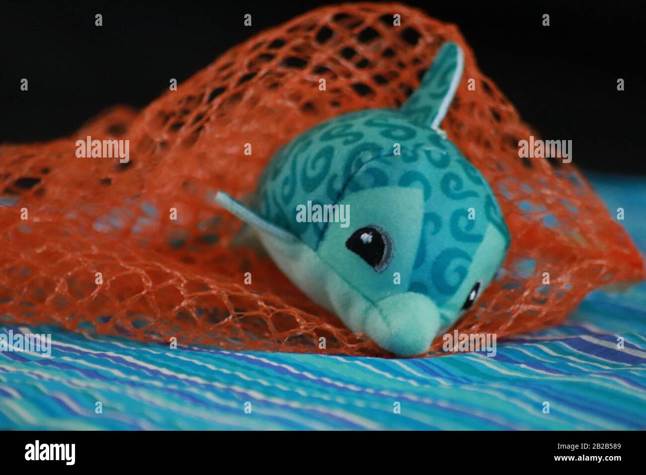 Plush fish trapped in orange net Stock Photo - Alamy
