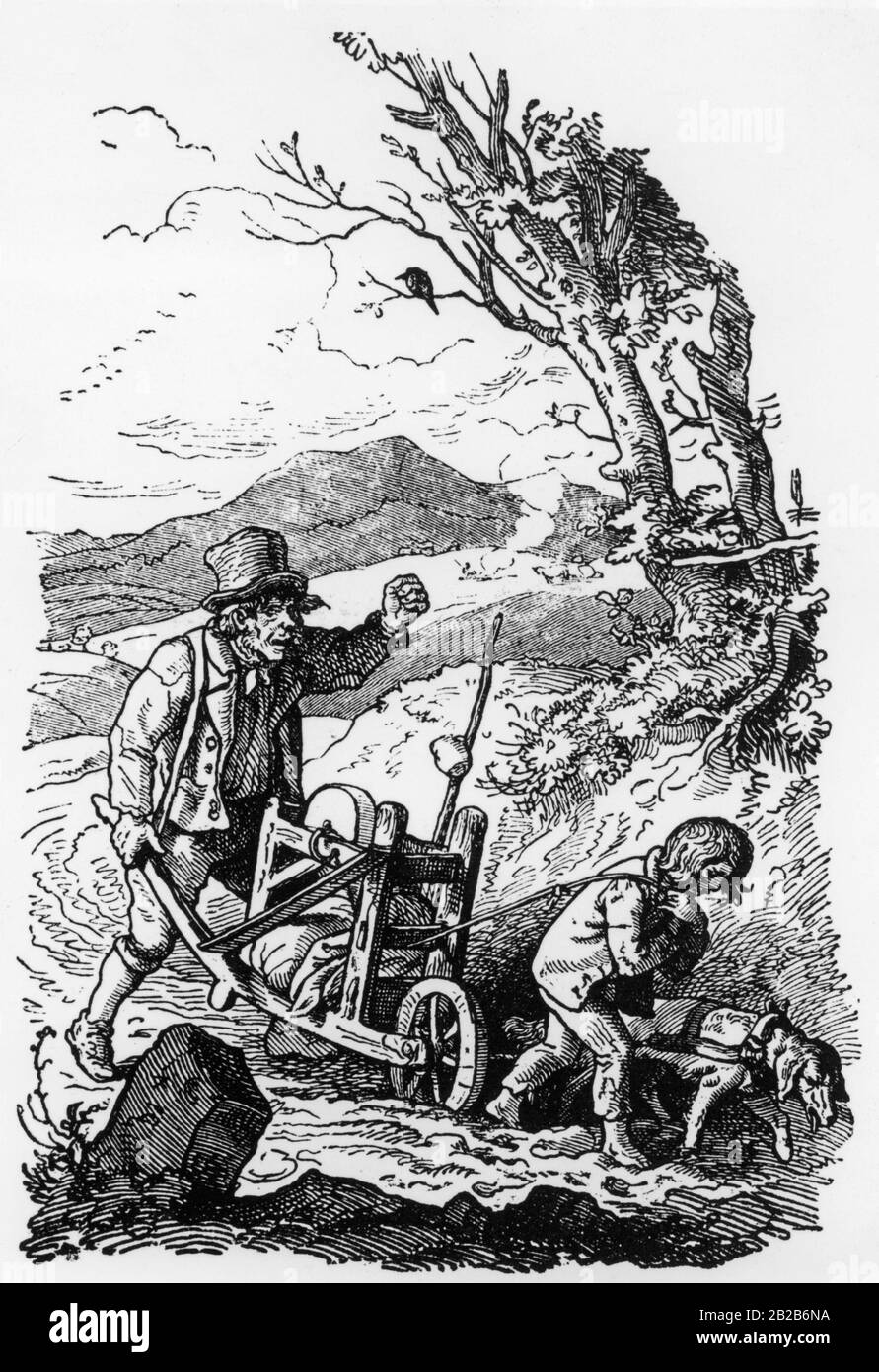 A woodcut by Ludwig Richter shows a boy who has to pull his father's ...