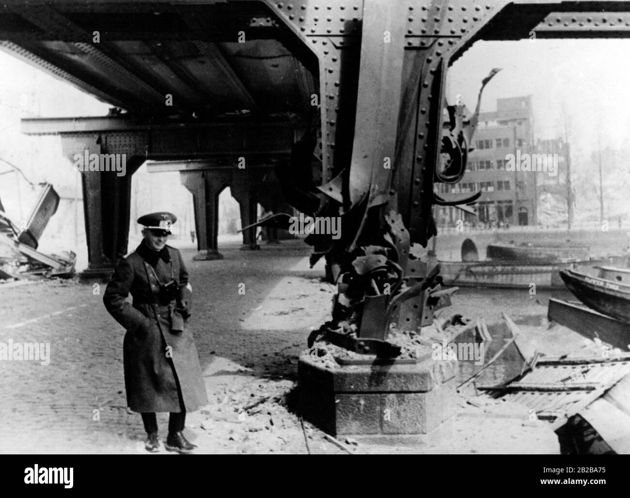 Invasion of Holland 1940: Picture shows bridge of a railroad blown up ...