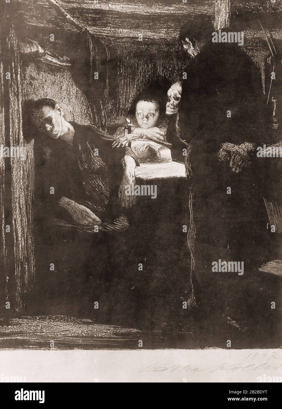 A lithograph showing a poor linen weaver family in their house in ...