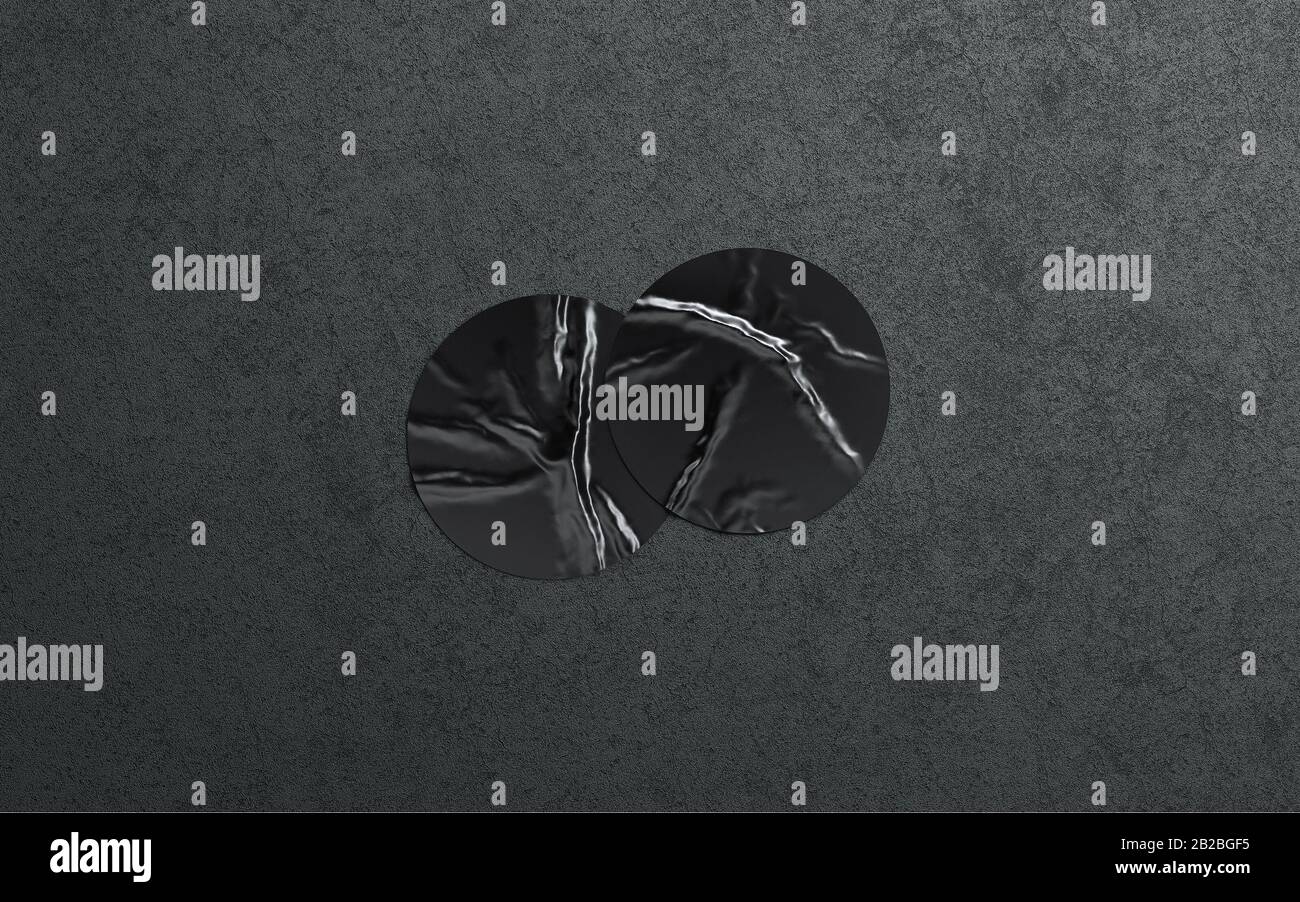 Blank two black round adhesive sticker mockup dark textured wall Stock ...
