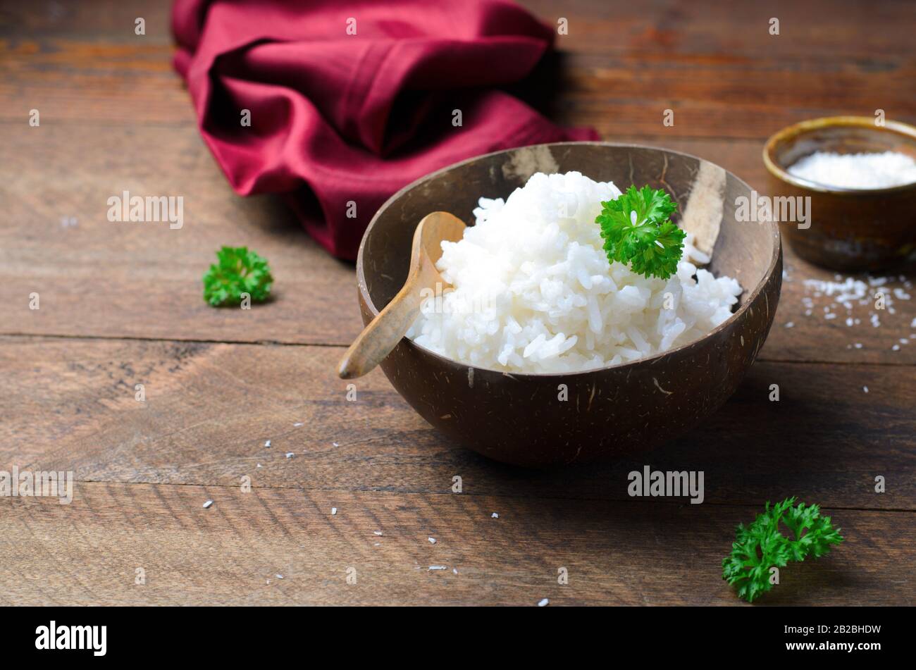 Coconut Rice, Cooked Rice Served in Coconut Shell over Wooden ...