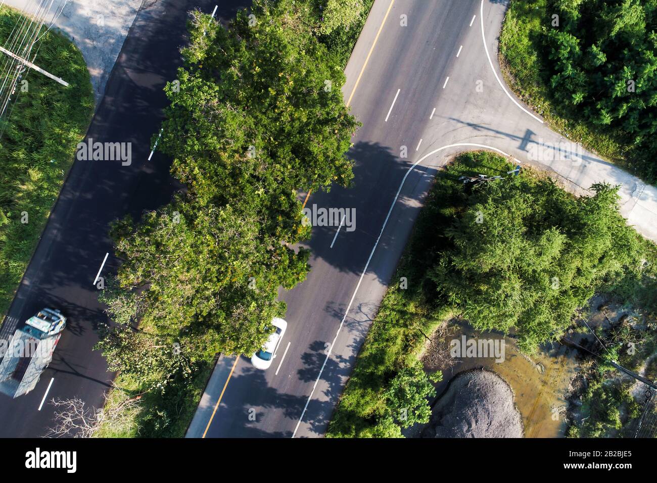 Aerial look down view of road path through the tree with car movement ...