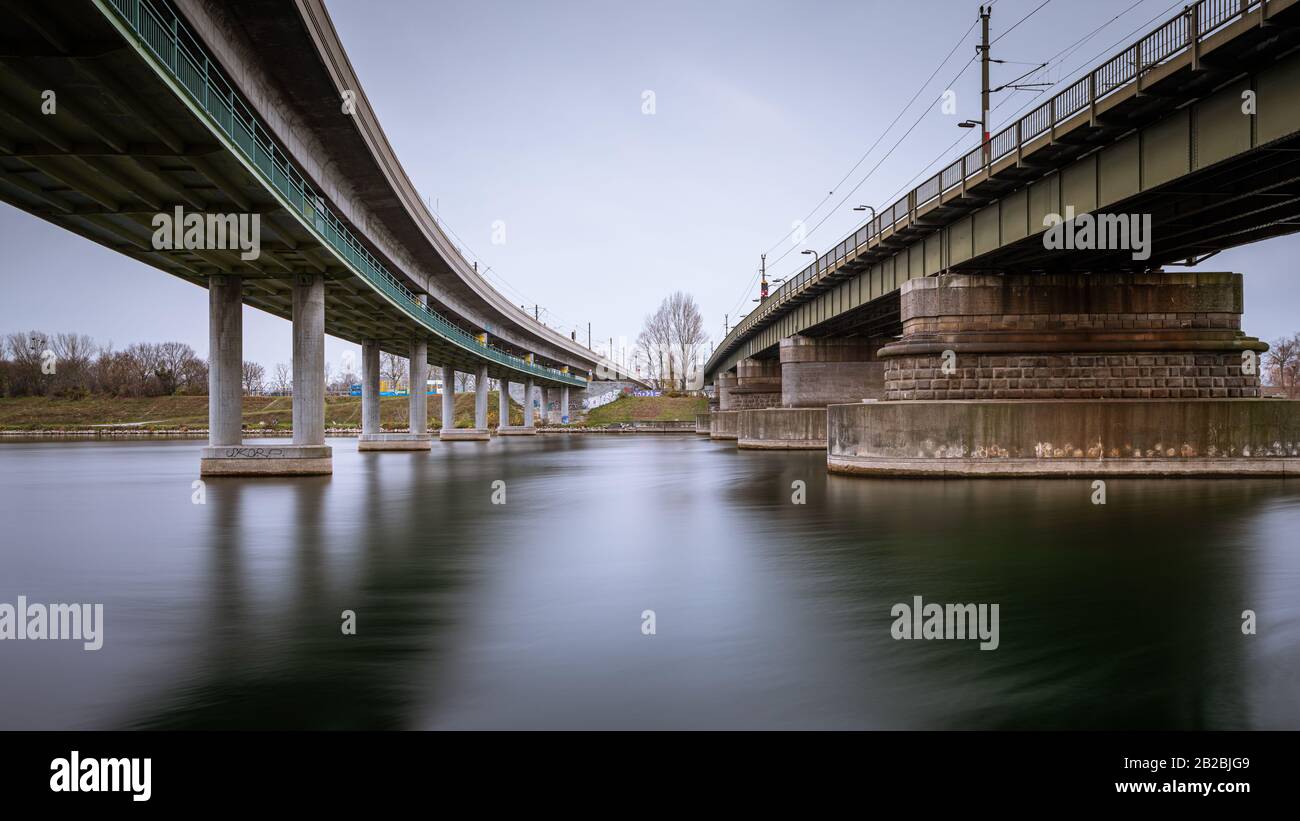 Vienna, Austria - 11/27/2019: Two railway bridges (underground U6 and S ...