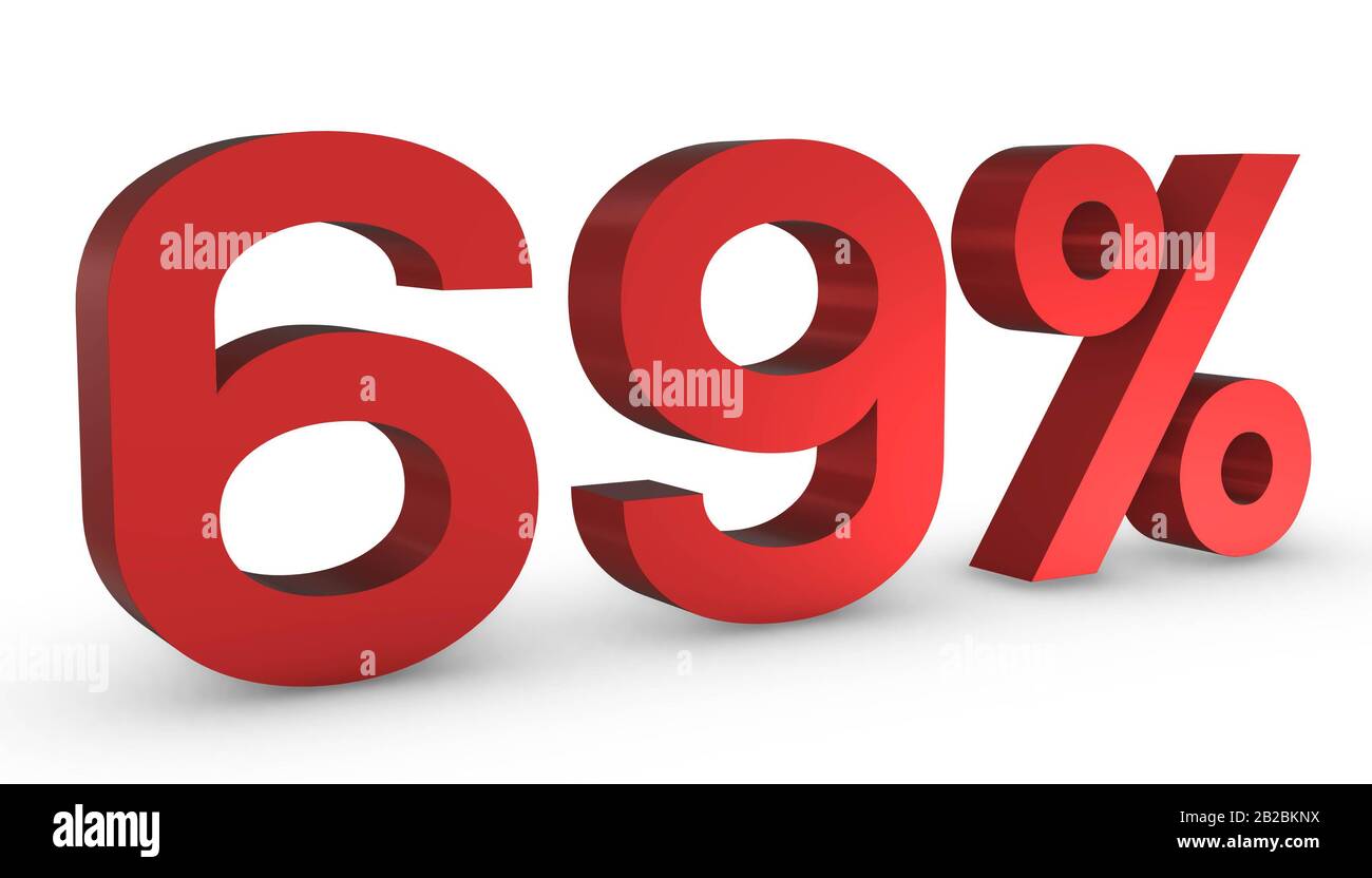 3d Shiny Red Number Sixty Nine Percent 69 Isolated On White Background